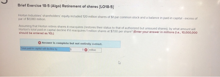 Solved Brief Exercise 18-5 (Algo) Retirement of shares | Chegg.com