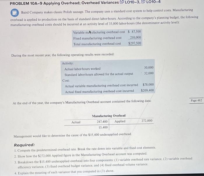 Solved PROBLEM 10A-9 Applying Overhead; Overhead Variances 너 | Chegg.com