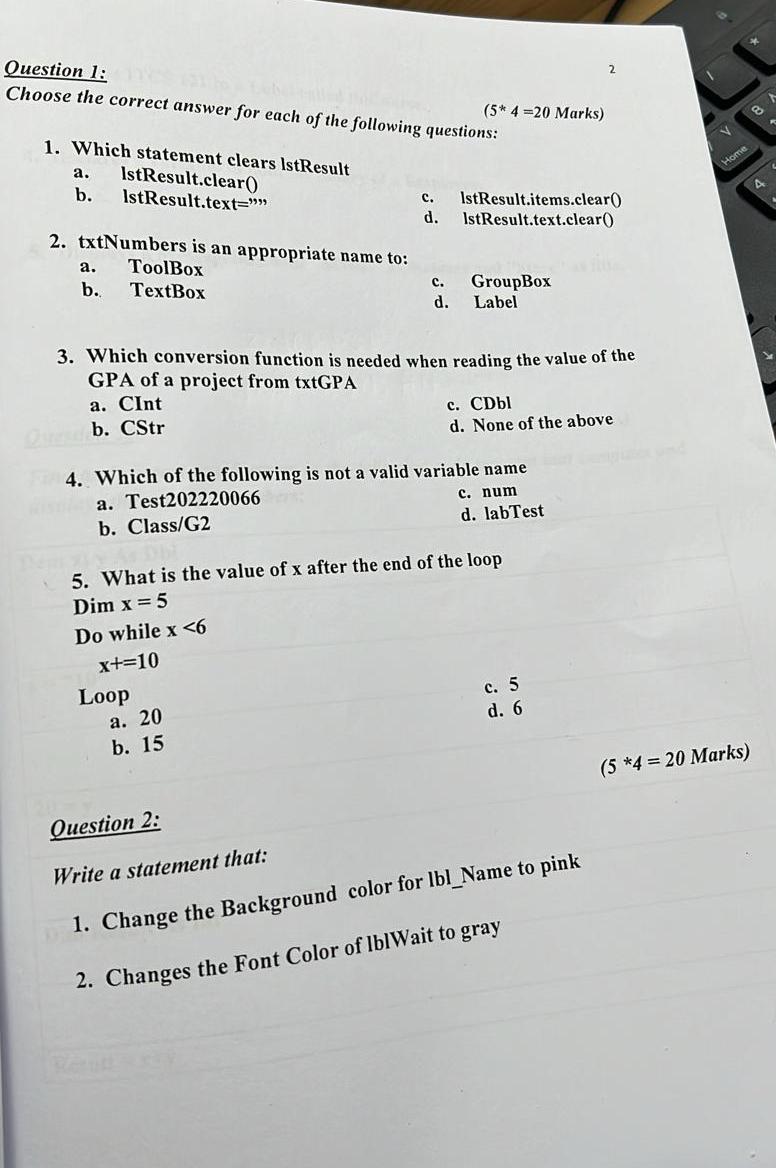 Solved Question 1:2(5* 4=20 ﻿Marks)Choose the correct answer | Chegg.com