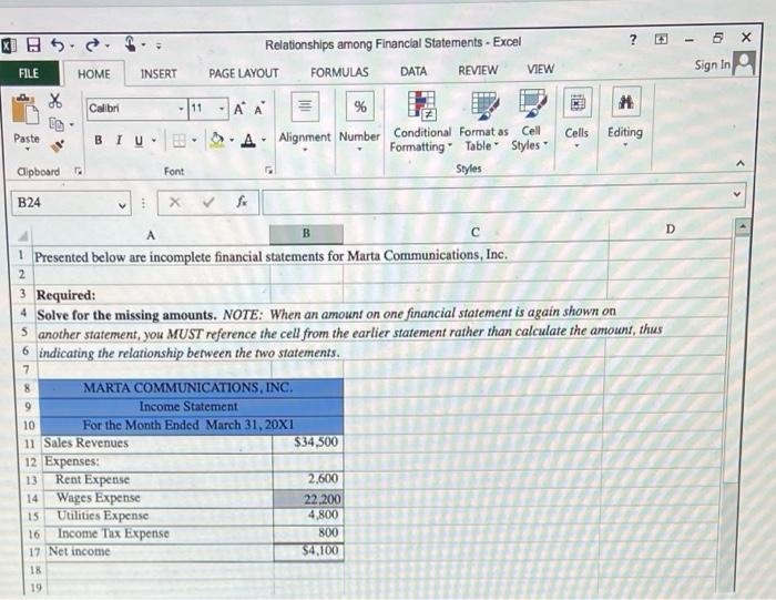 Solved Relationships Among Financial Statements Using Chegg