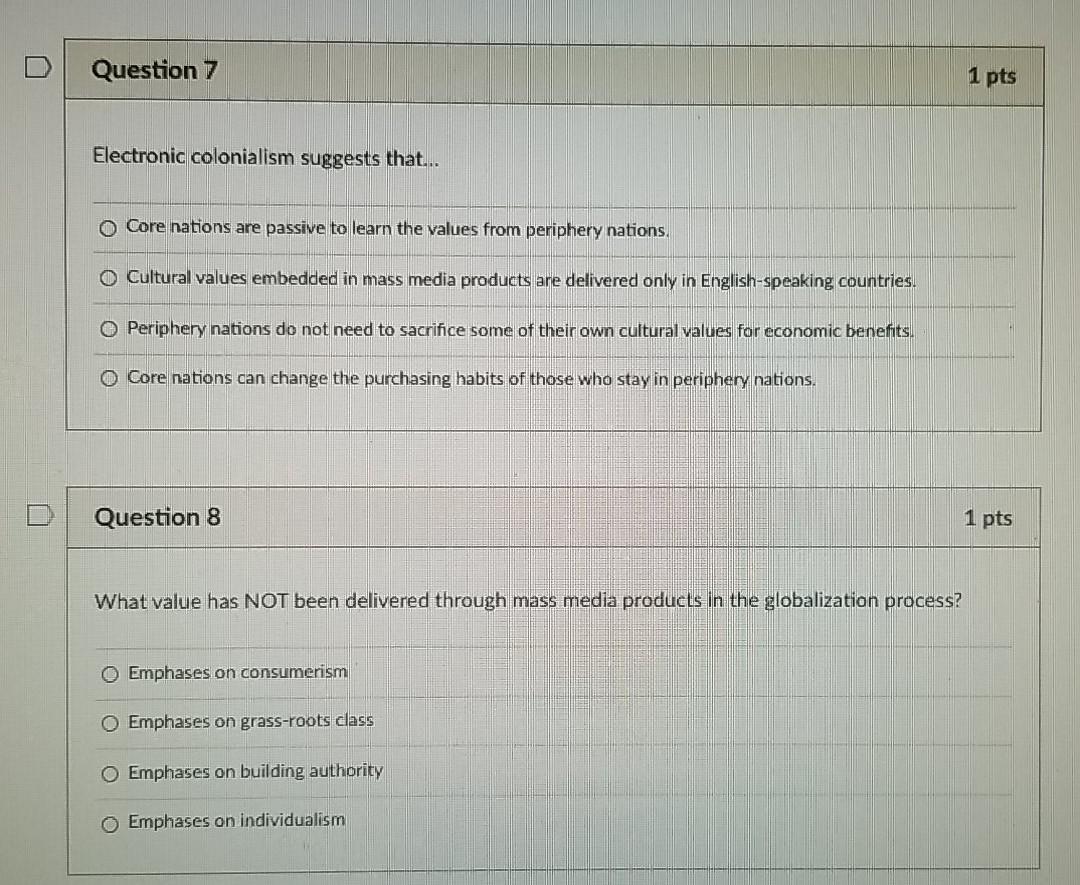 Question 7 1 pts Electronic colonialism suggests | Chegg.com