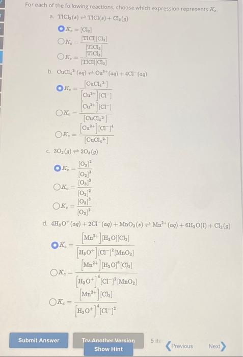 Solved a. TICl3(a)⇌MCl(s)+Cl3(g) | Chegg.com