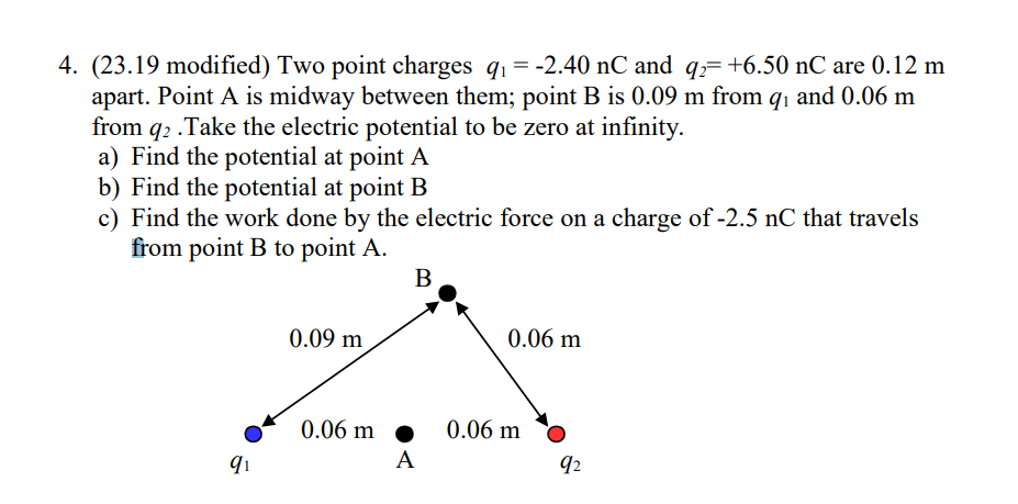 Solved (23.19 ﻿modified) ﻿Two point charges q1=-2.40nC ﻿and | Chegg.com
