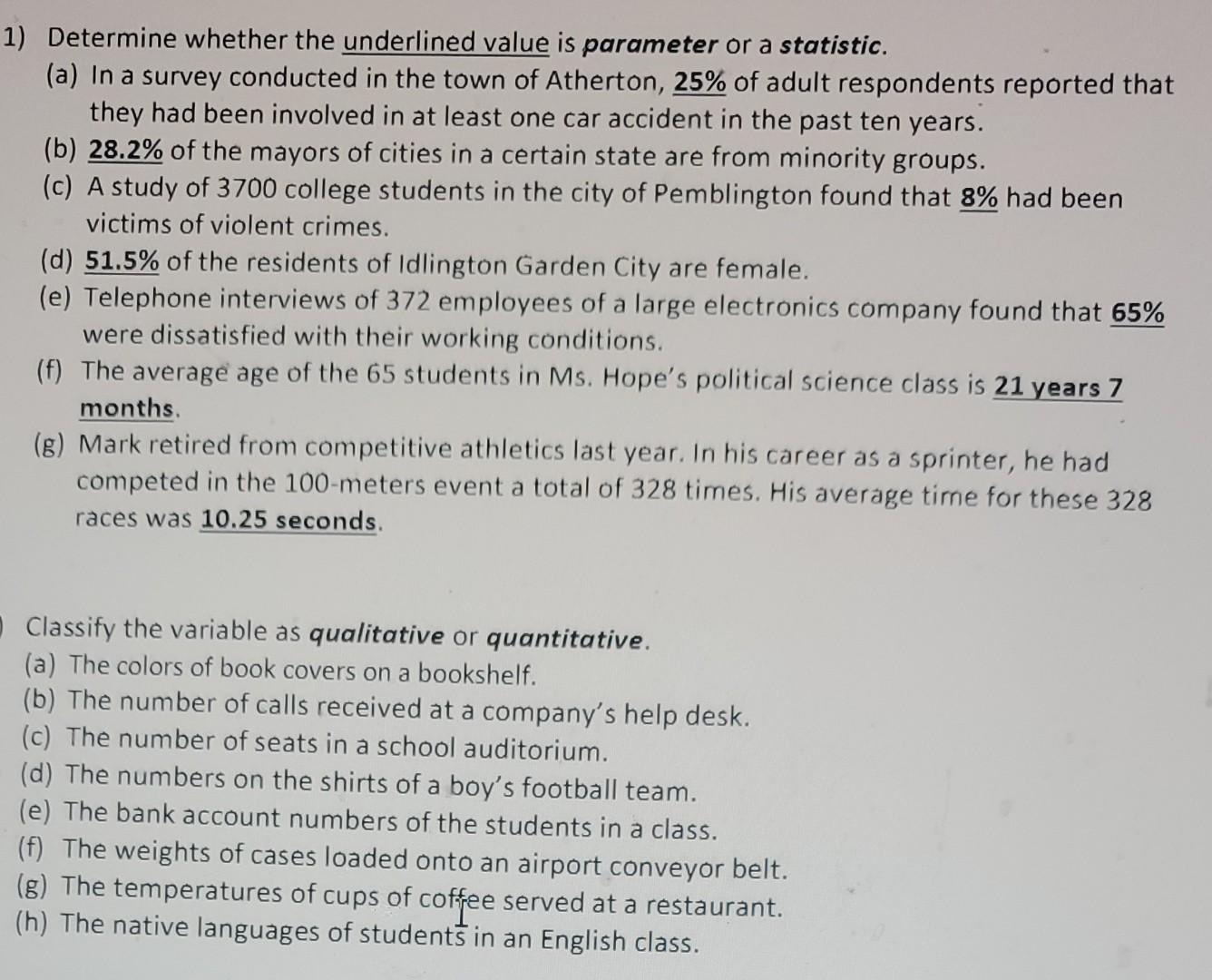 Solved 1) Determine whether the underlined value is | Chegg.com