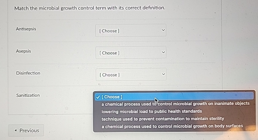 Solved Match the microbial growth control term with its | Chegg.com