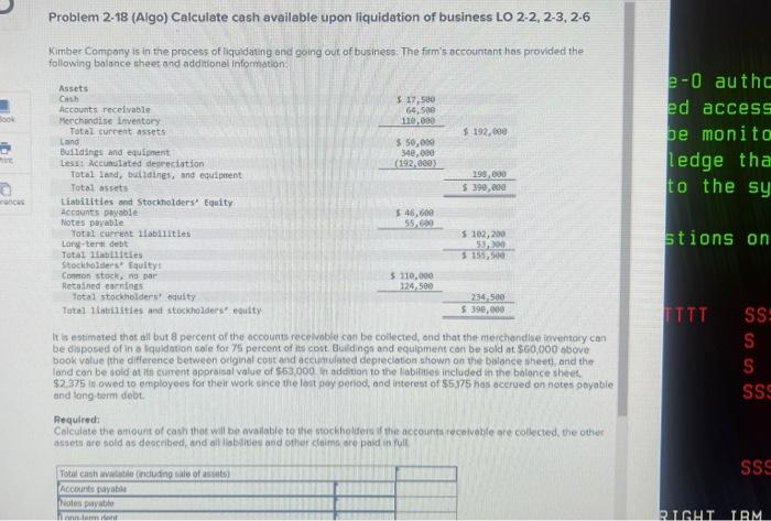 Solved Problem 2-18 (Algo) Calculate cash available upon | Chegg.com