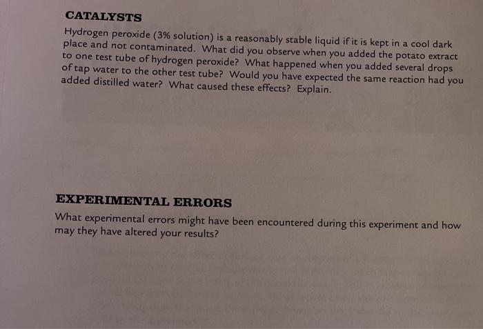 Solved CATALYSTS Hydrogen peroxide (3% solution) is a | Chegg.com