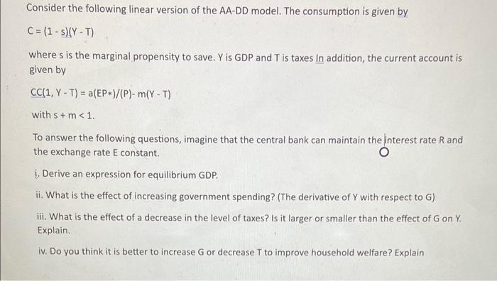 Solved Consider the following linear version of the AA-DD | Chegg.com