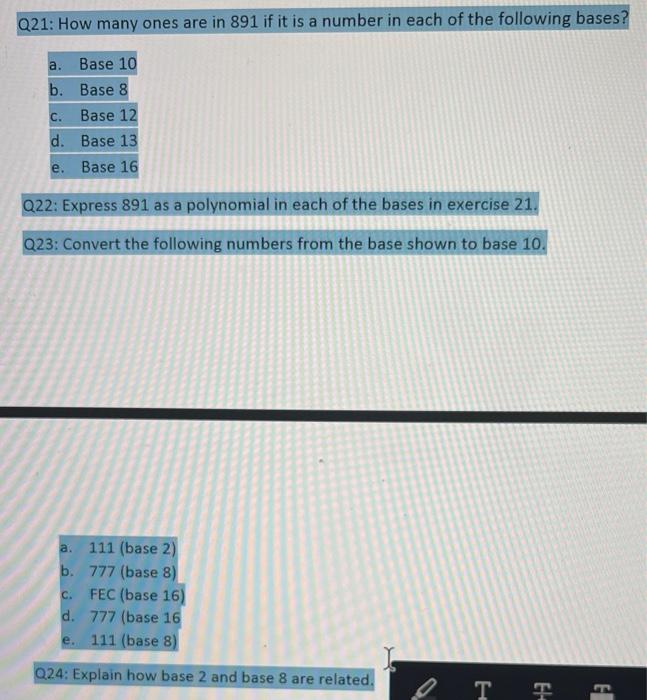 Solved Q21: How many ones are in 891 if it is a number in | Chegg.com