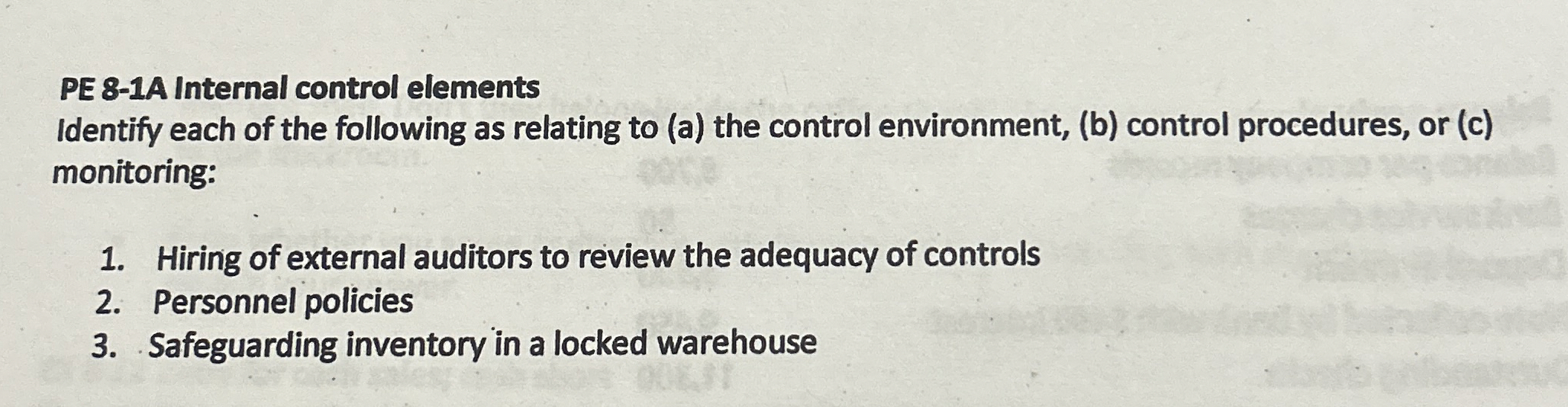 Solved PE 8-1A Internal control elements Identify each of | Chegg.com