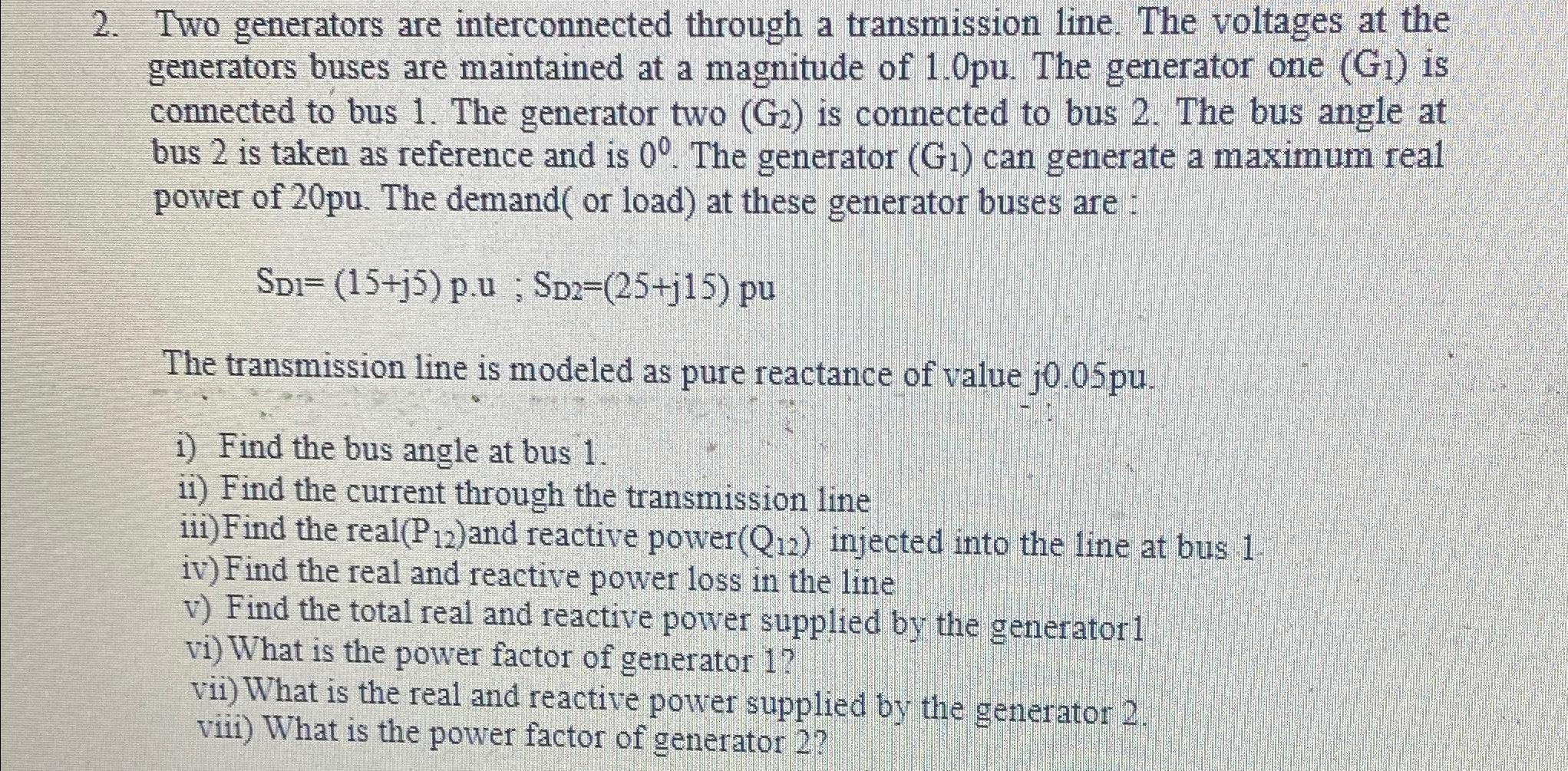 Solved Two generators are interconnected through a | Chegg.com