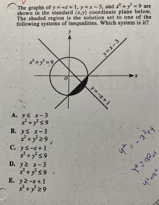 Solved The graphs of y = -X+1, y = x-3, and x2 + y2 = 9 are | Chegg.com