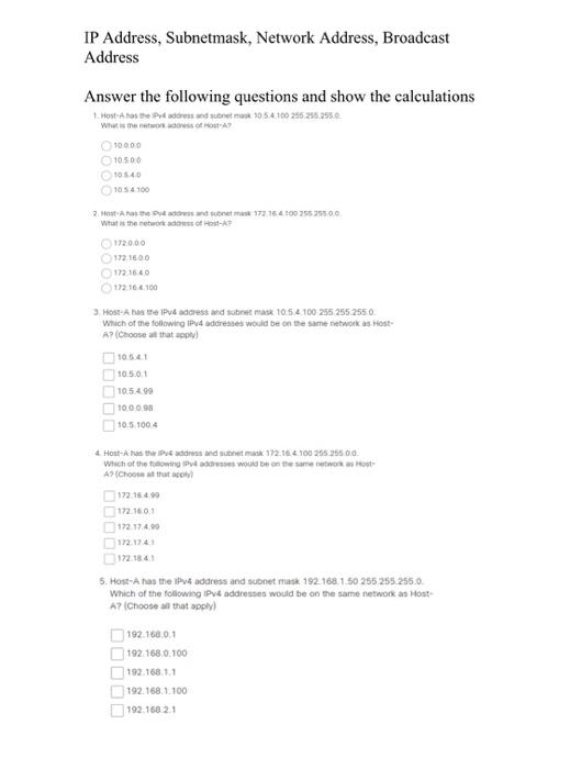 Solved IP Address, Subnetmask, Network Address, Broadcast | Chegg.com