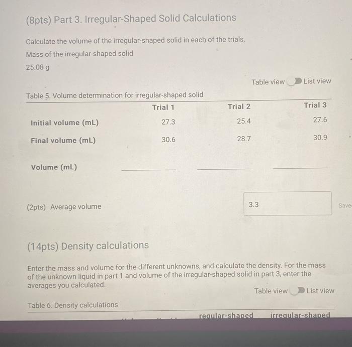 Solved (8pts) Part 3. Irregular-Shaped Solid Calculations | Chegg.com