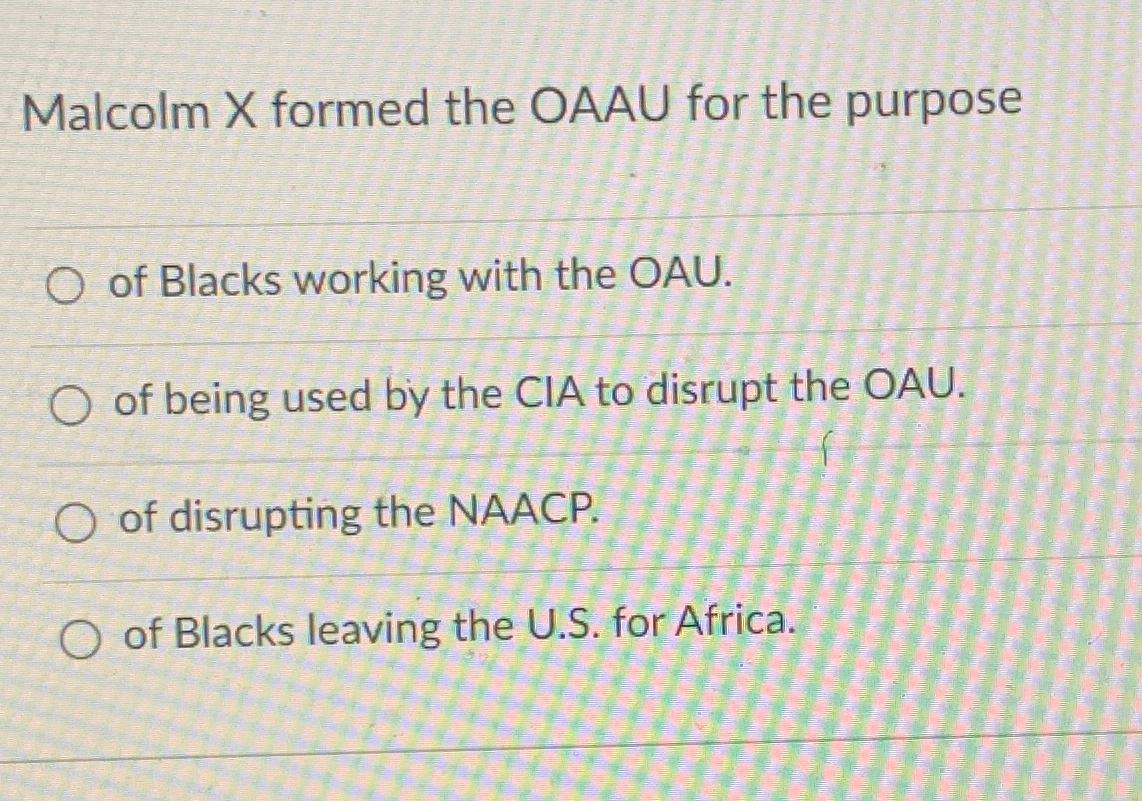 Solved Malcolm X formed the OAAU for the purposeof Blacks | Chegg.com