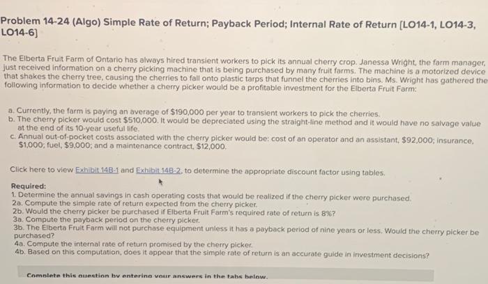 Solved Problem 14-24 (Algo) Simple Rate of Return; Payback | Chegg.com