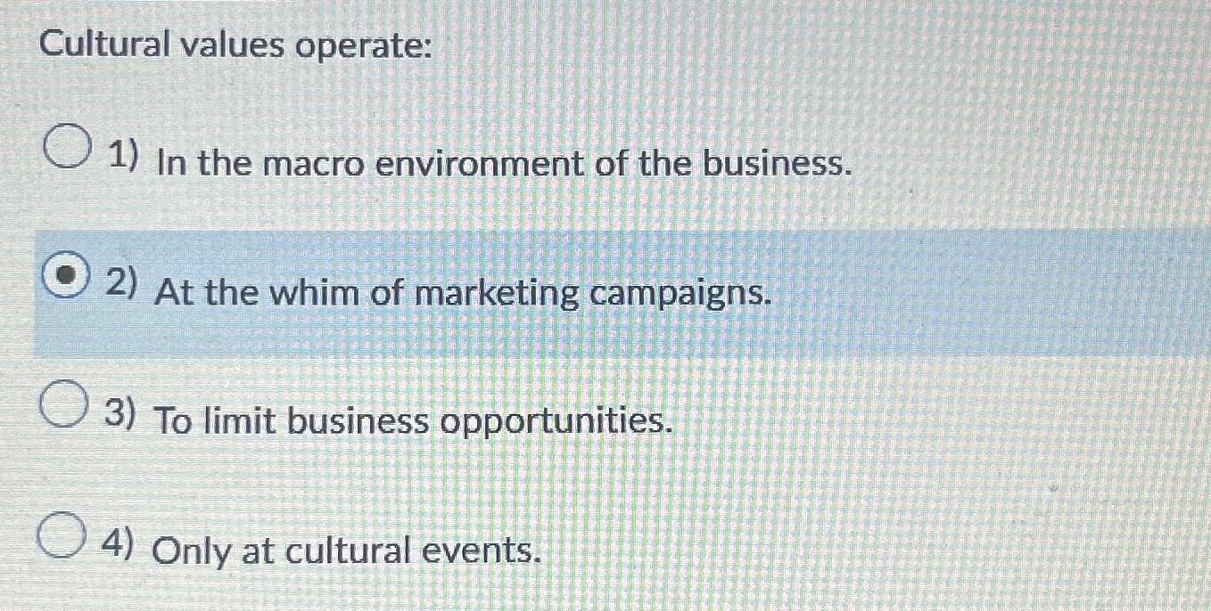 Solved Cultural values operate:In the macro environment of | Chegg.com