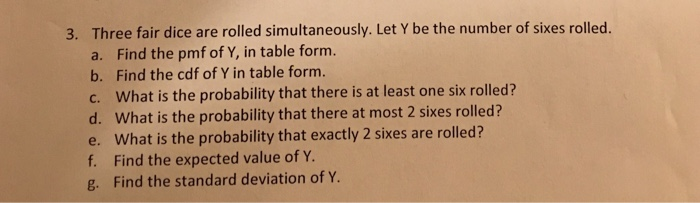 Solved 3. Three fair dice are rolled simultaneously. Let Y | Chegg.com