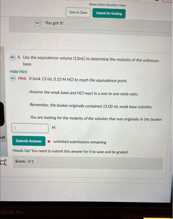 Solved 4. Use the equivalence volume (13 mL) to determine | Chegg.com