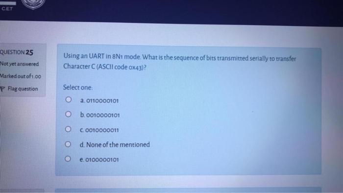 Solved CET Using an UART in 8N1 mode. What is the sequence | Chegg.com
