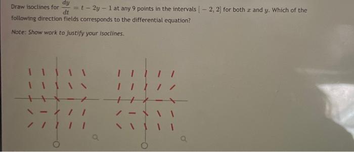 Solved dy Draw isoclines for = t - 2y - 1 at any 9 points in | Chegg.com Solved dy Draw isoclines for = t - 2y - 1 at any 9 points in | Chegg.com