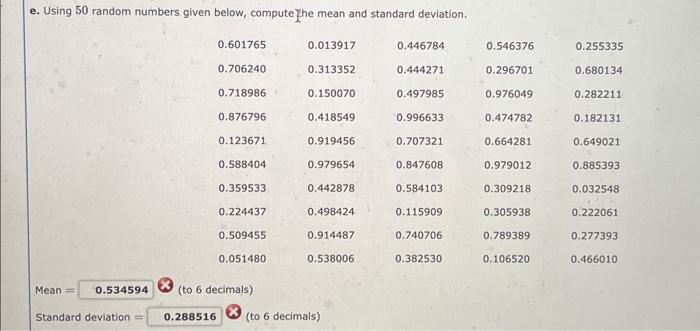 Solved e. Using 50 random numbers given below, compute Yhe | Chegg.com