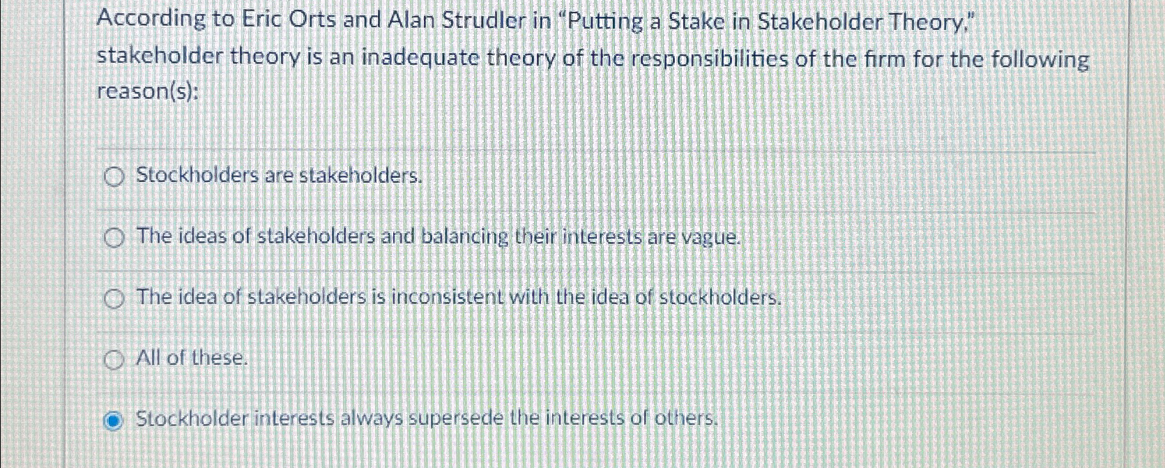 Solved According to Eric Orts and Alan Strudler in "Putting | Chegg.com