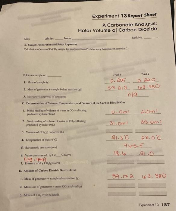 Solved Experiment 13 Report Sheet A Carbonate Analysis: | Chegg.com