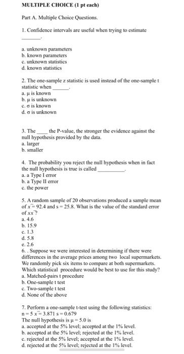 Solved MULTIPLE CHOICE (1 pt each) Part A. Multiple Choice | Chegg.com