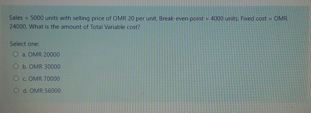 Solved Sales = 5000 units with selling price of OMR 20 per | Chegg.com