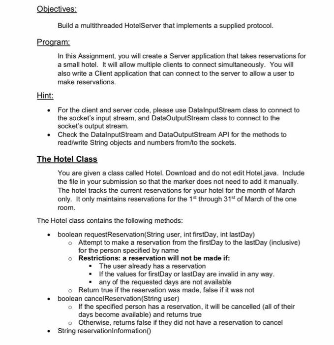 Solved Objectives: Build a multithreaded HotelServer that | Chegg.com