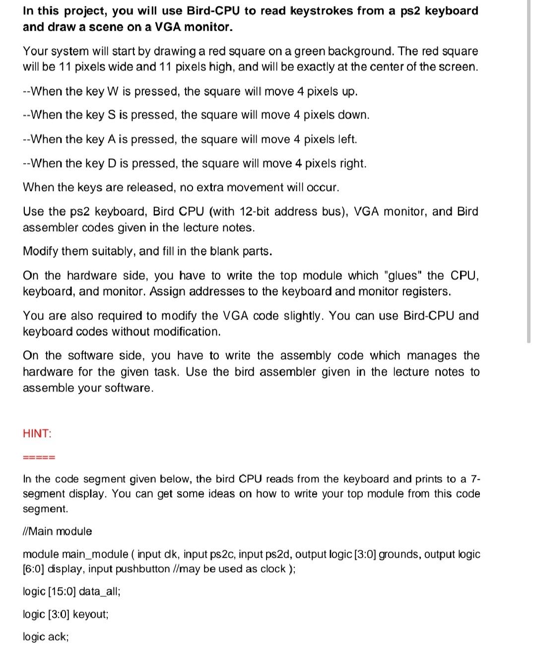Solved In this project, you will use Bird-CPU to read | Chegg.com