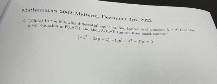 Mathematics 2062 Midterm, December 3rd, 2022 4. | Chegg.com