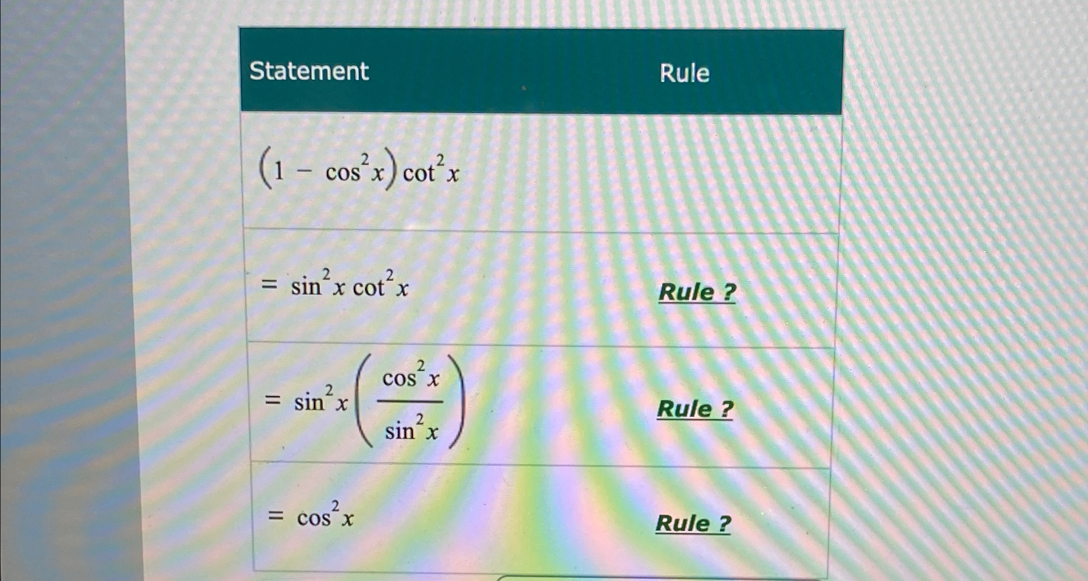 Solved StatementRule(1-cos2x)cot2x=sin2xcot2xRule?=sin2x(cos | Chegg.com