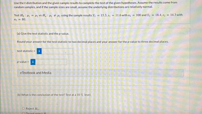 Solved Use the t-distribution and the given sample results | Chegg.com