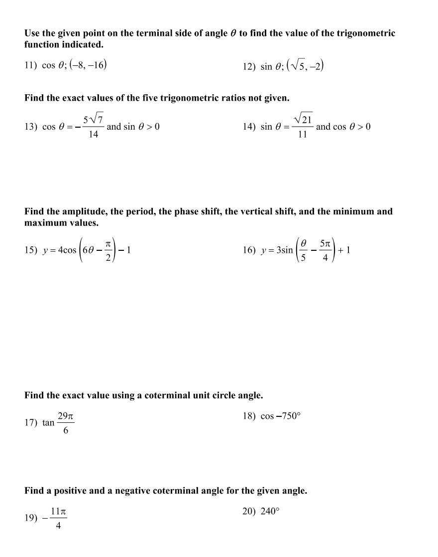 Solved Use the given point on the terminal side of angle θ | Chegg.com