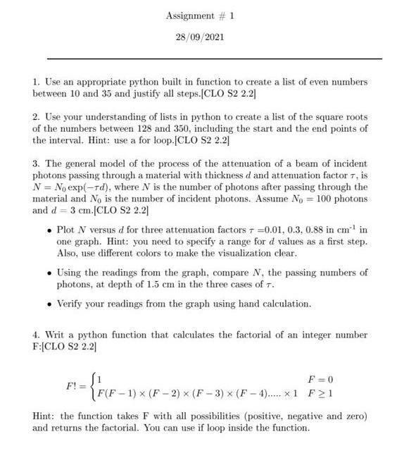 Solved Assignment #1 28/09/2021 1. Use an appropriate python | Chegg.com