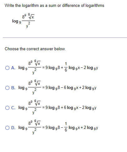 Solved Write the logarithm as a sum or difference of | Chegg.com