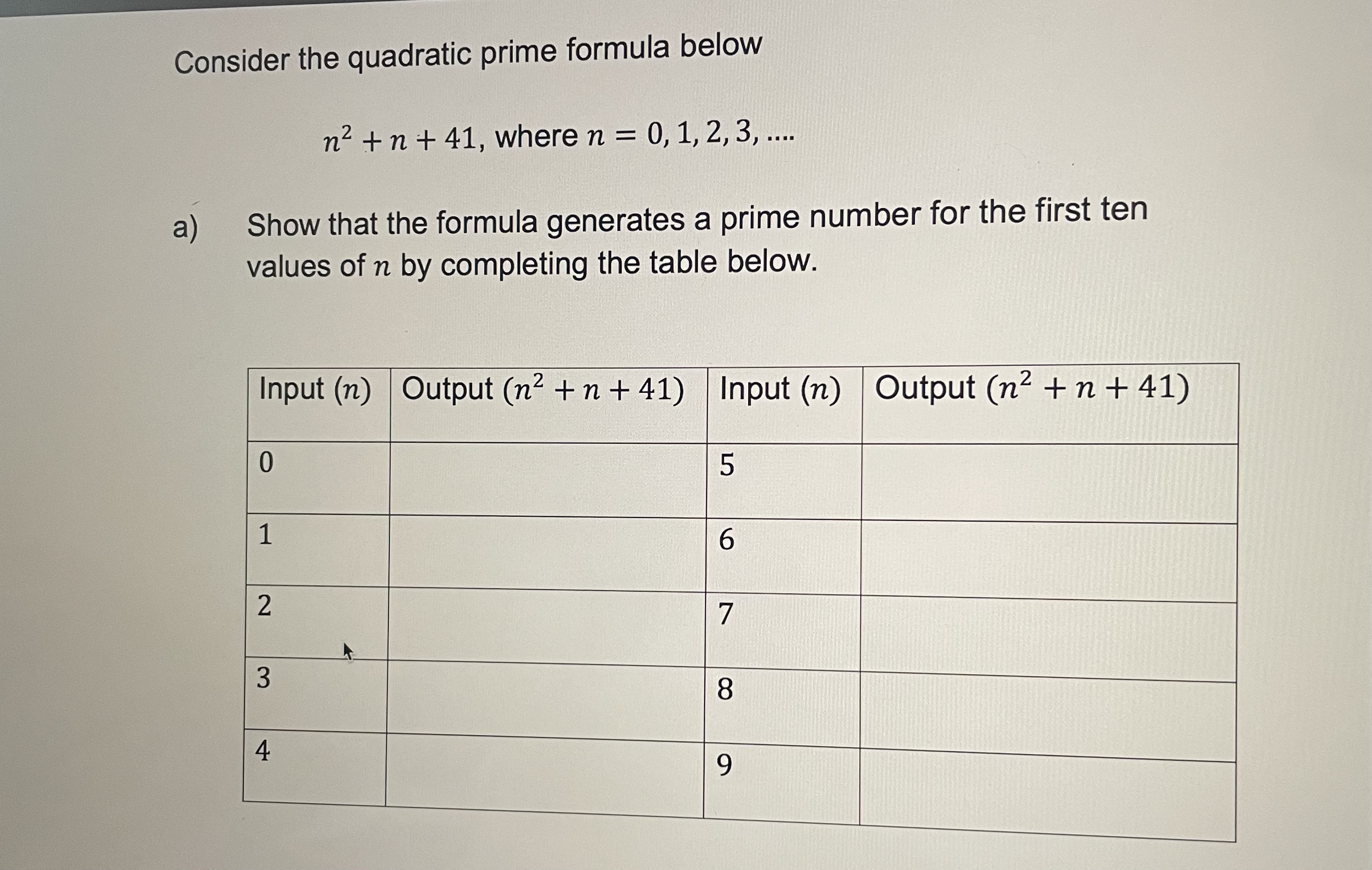 Solved Consider the quadratic prime formula belown2+n+41, | Chegg.com