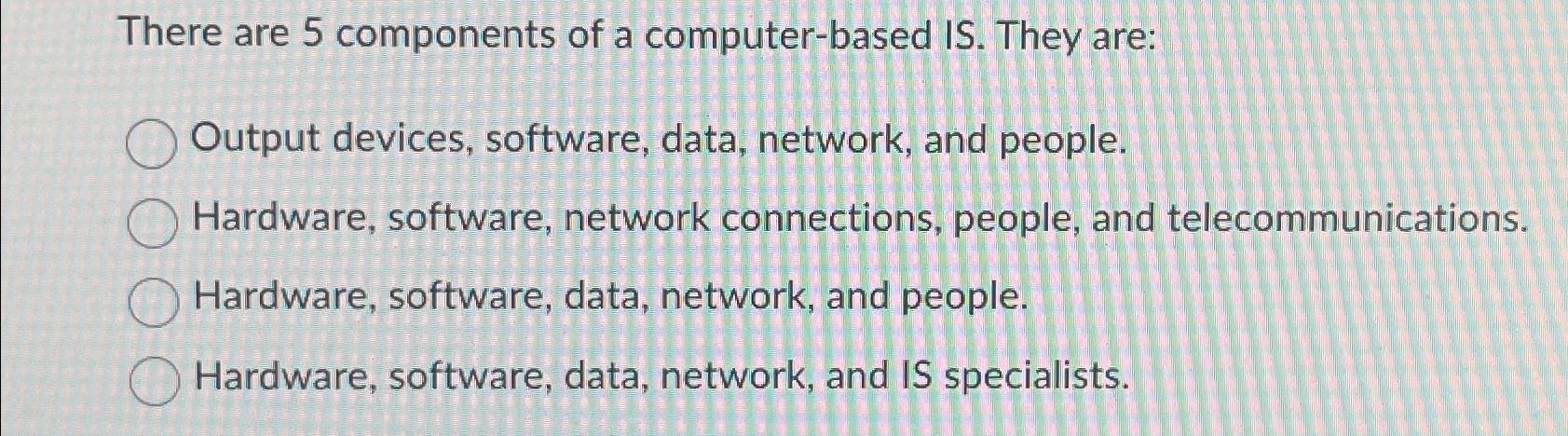Solved There are 5 ﻿components of a computer-based IS. ﻿They | Chegg.com