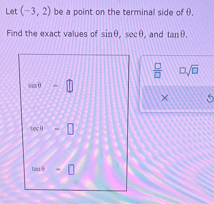 Solved Let (−3,2) be a point on the terminal side of θ. Find | Chegg.com
