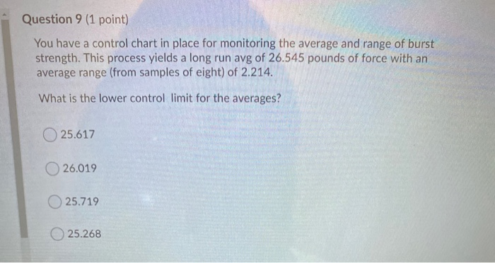 Solved Question 9 (1 point) You have a control chart in | Chegg.com