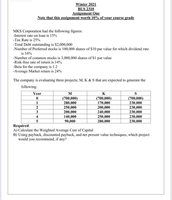 Solved Winter 2021 BUS 2310 Assignment One Note that this | Chegg.com