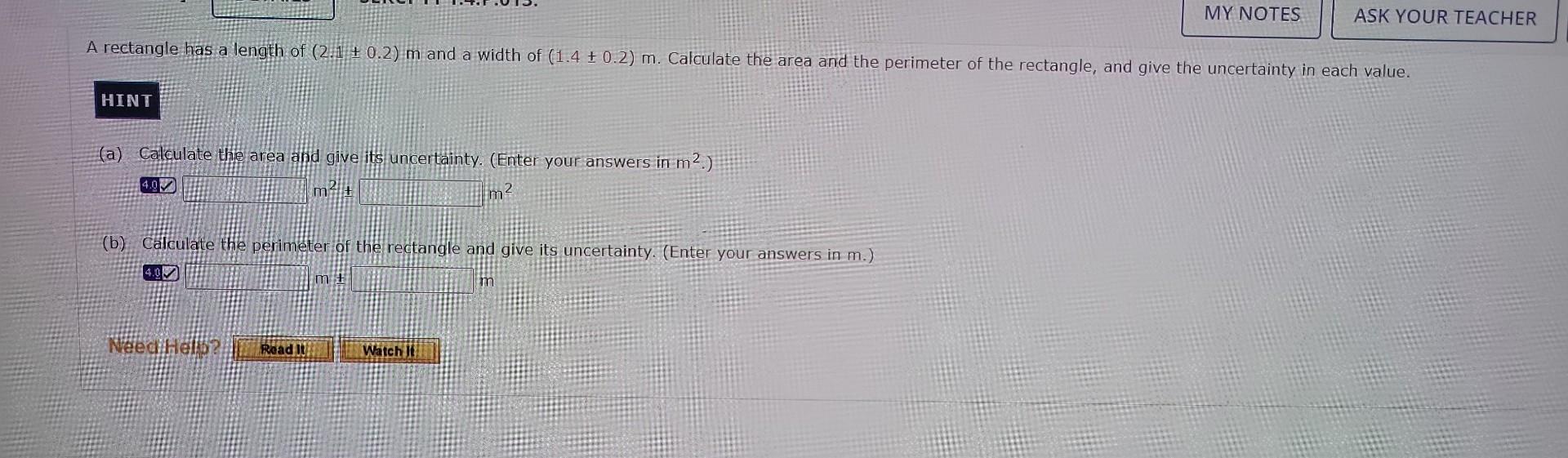 Solved A rectangle has a length of (2.1±0.2)m and a width of | Chegg.com