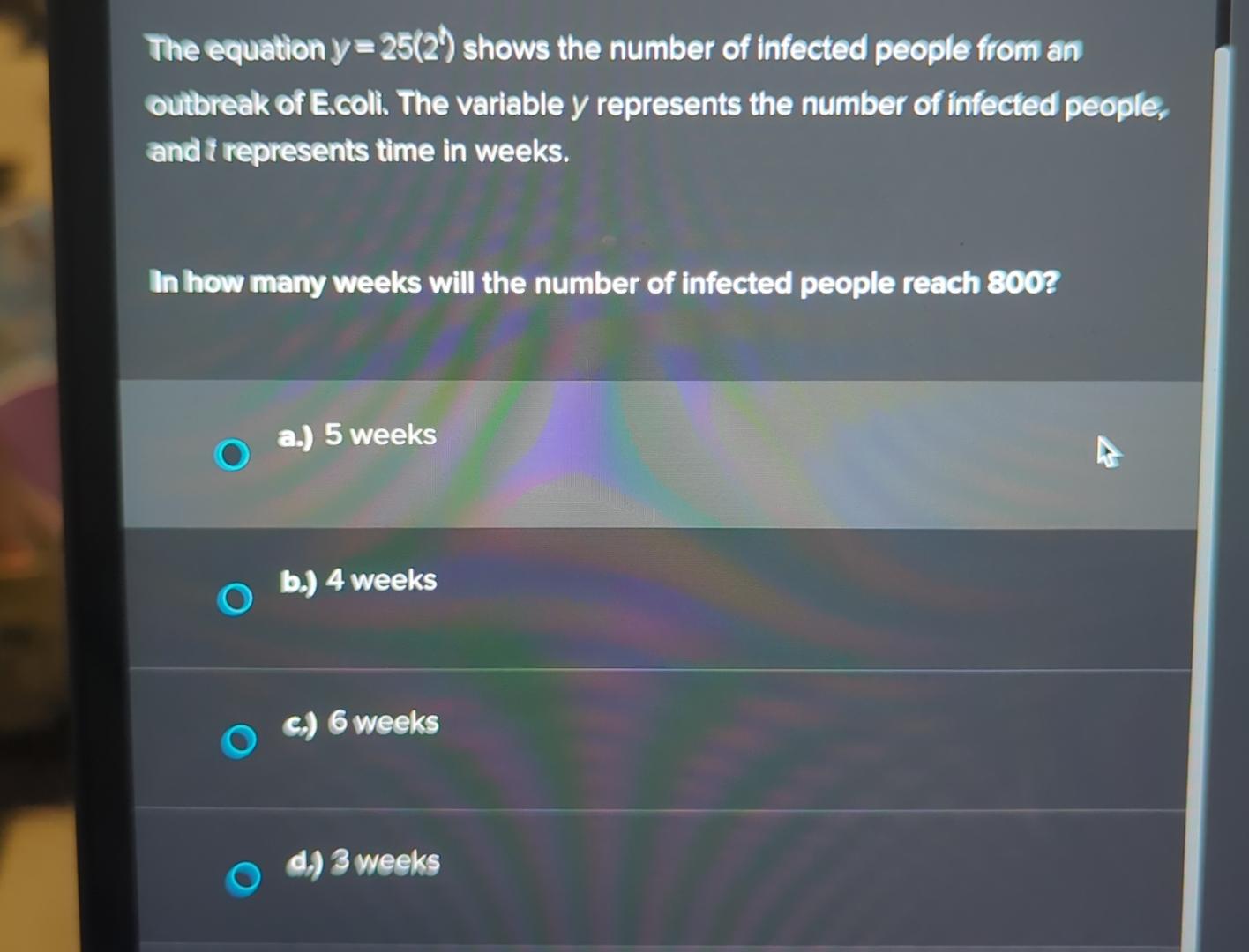 Solved The equation y=25(2°) ﻿shows the number of infected | Chegg.com