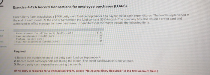 Solved Exercise 4-12A Record transactions for employee | Chegg.com