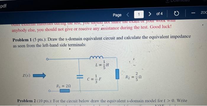 Solved Problem 1 (5 pts.): Draw the s-domain equivalent | Chegg.com