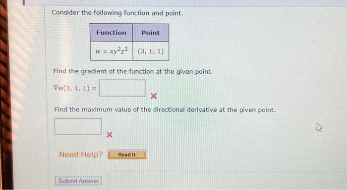 Solved Consider the following function and point. Function w | Chegg.com