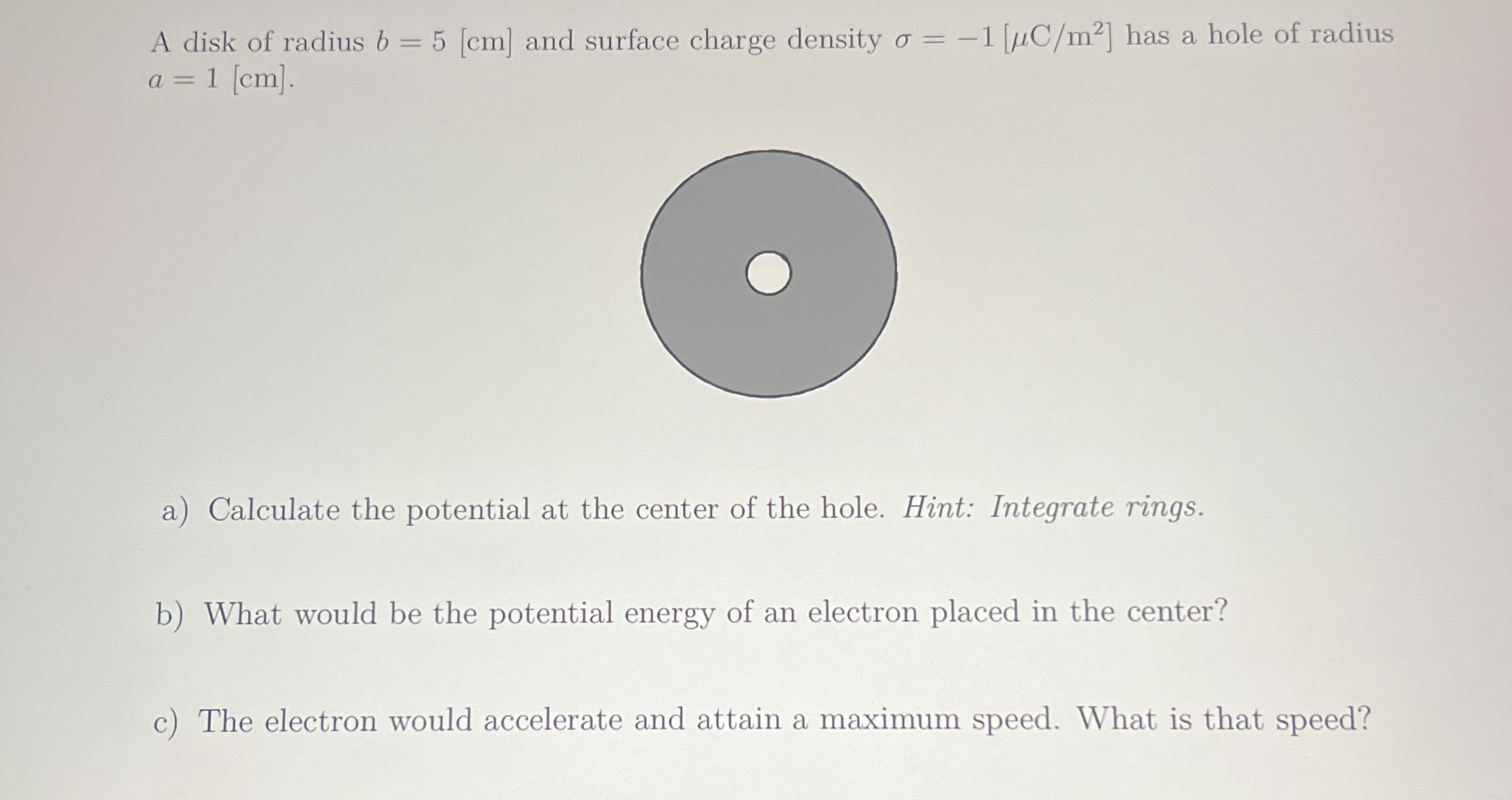 Solved A disk of radius b=5[cm] ﻿and surface charge density | Chegg.com
