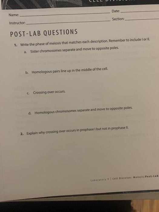 Solved Date: Name: Section: Instructor: POST-LAB QUESTIONS | Chegg.com